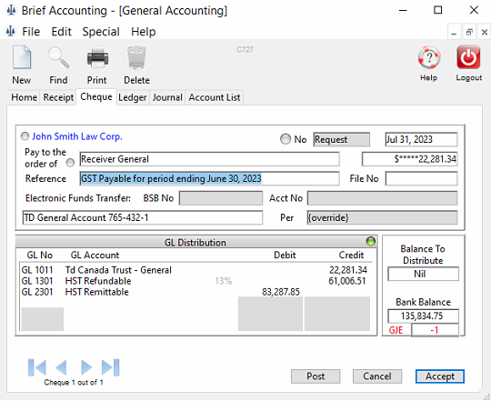 Office Accounting - Cut GST/HST Cheque – Brief Accounting Support Desk